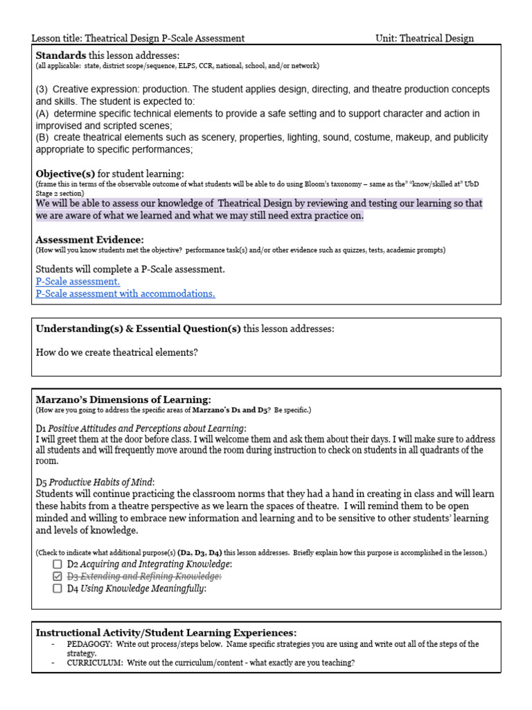 Unit 5 Theatrical Design P-Scale Assessment Lesson Plan | PDF ...