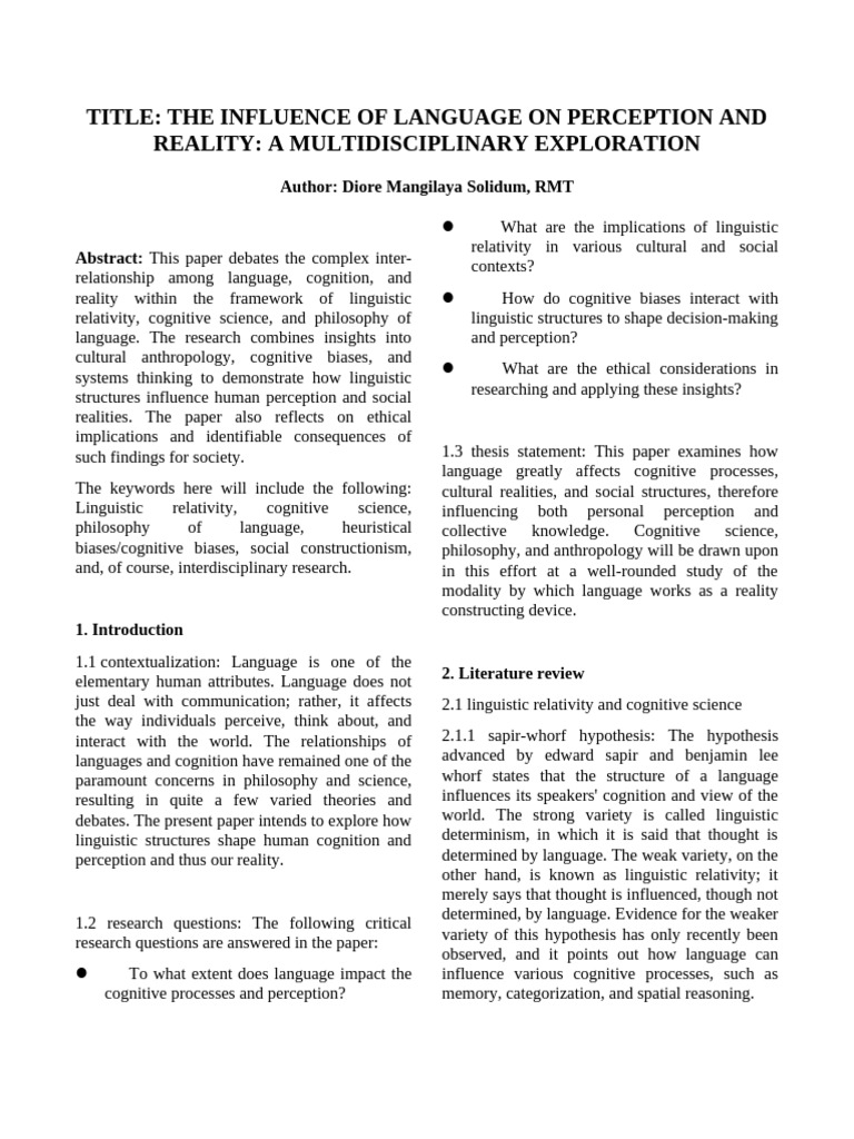 Title The Influence of Language On Perception and Reality A Multidisciplinary Exploration | PDF ...