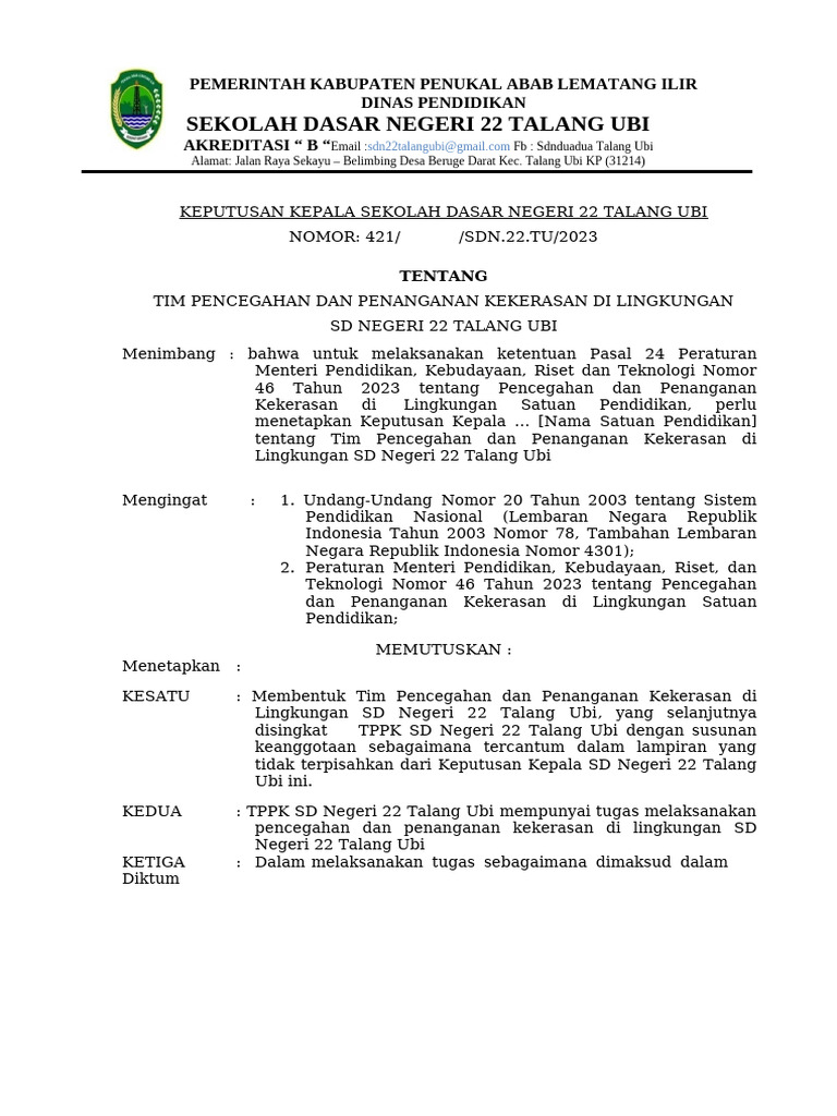 SK TIM PENCEGAHAN PERUNDUNGAN KEKERASAN (TPPK ) SDN 22 TU | PDF