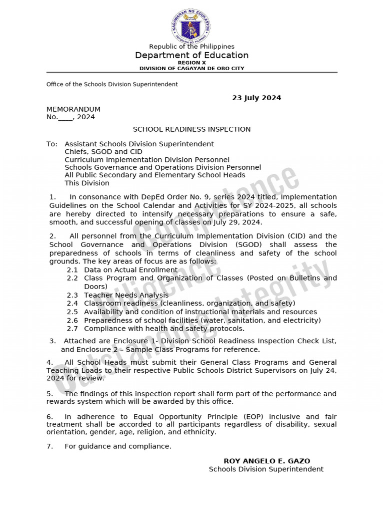 2024-MEMO_SCHOOL-READINESS-INSPECTION | PDF