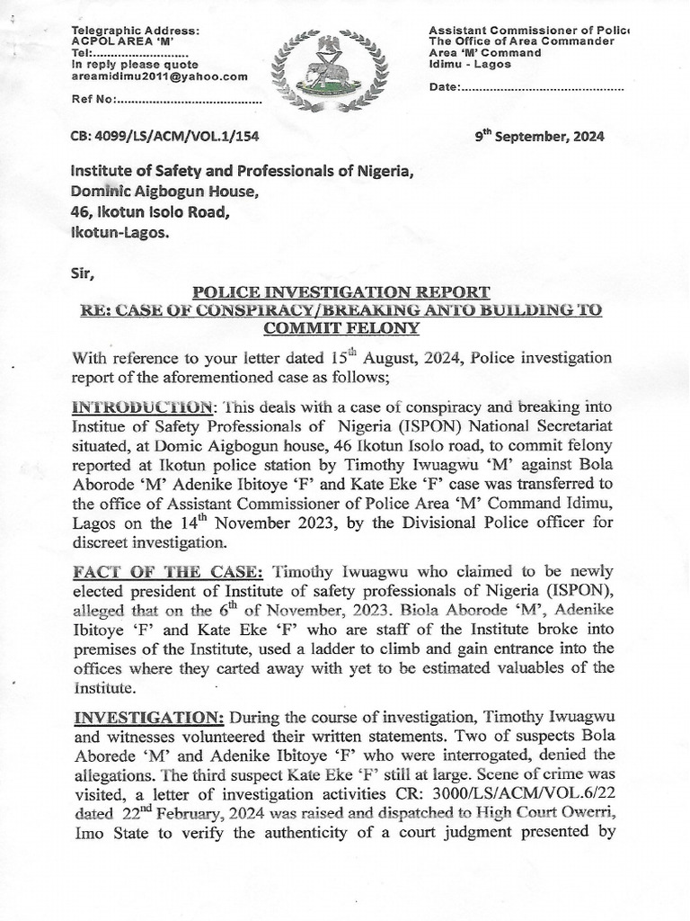Police Investigation Report ISPON Headquarter Burglary | PDF