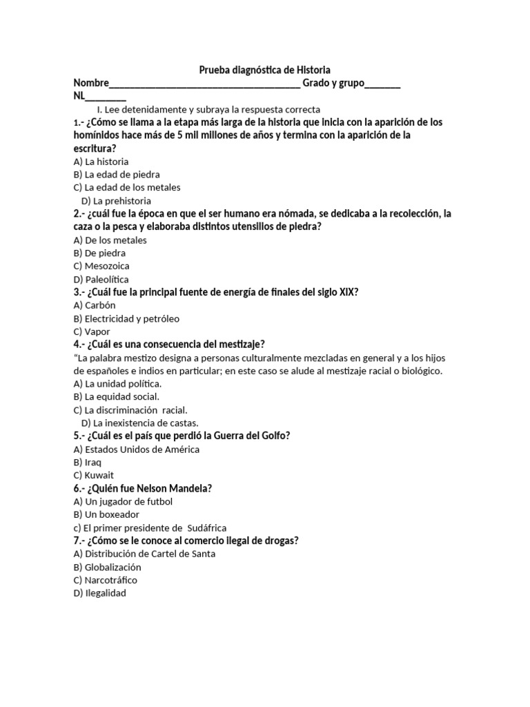 Prueba diagnóstica de Historia | PDF