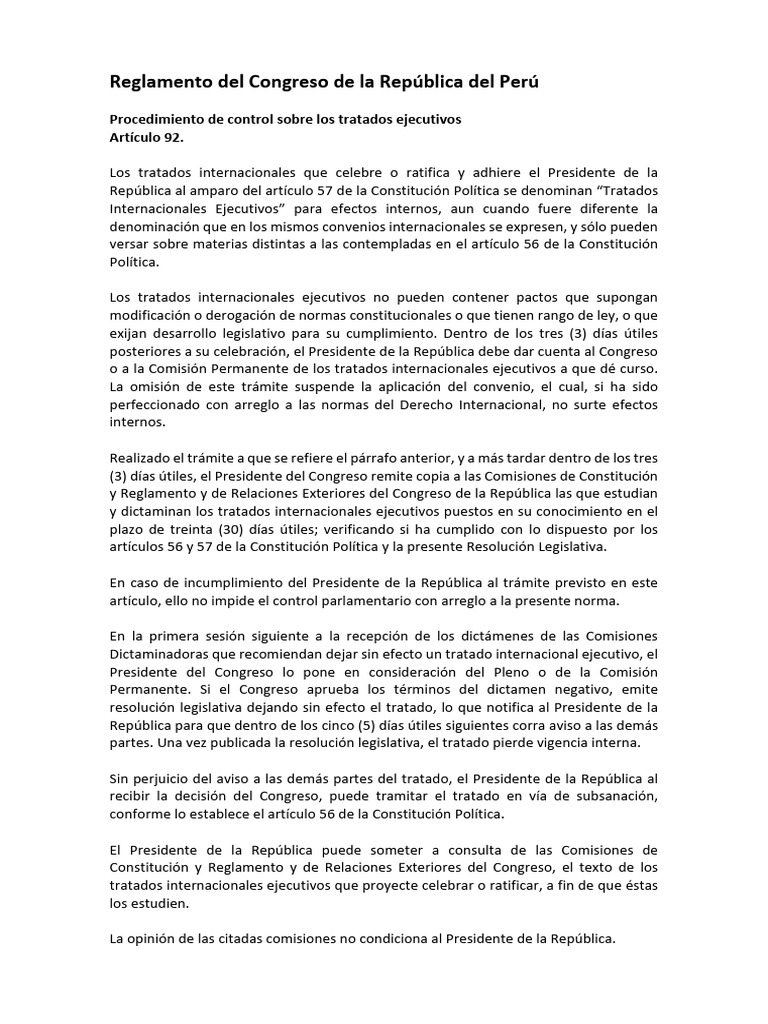 Artículo 92 del Reglamento del Congreso | PDF