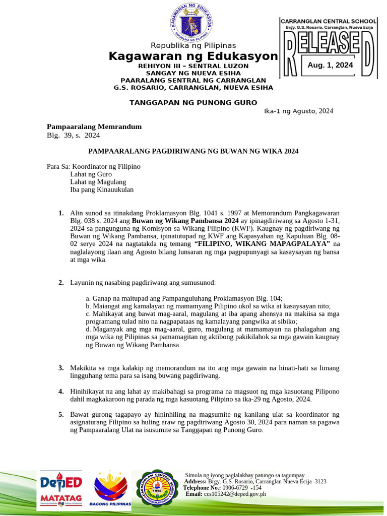 PAMPAARALANG MEMORANDUM Blg. 39 s.2024 Buwan NG Wika 2024 | PDF