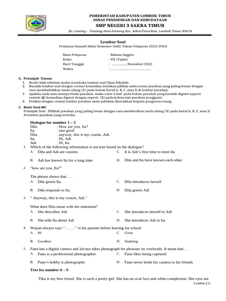 Naskah Soal PAT Mapel B.Inggris Kelas 7 | PDF