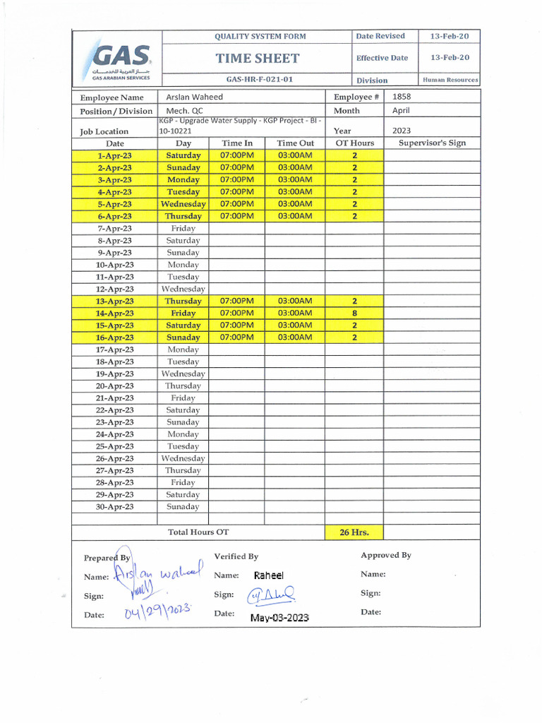 Time Sheet GAS HR 021 00 Apr 2023 | PDF