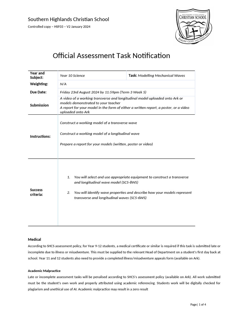 Year 10 Waves Model Assessment Task 2024 | PDF