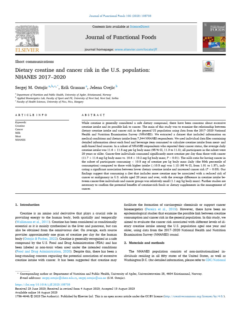 Dietary Creatine and Cancer Risk in The U. S. | PDF