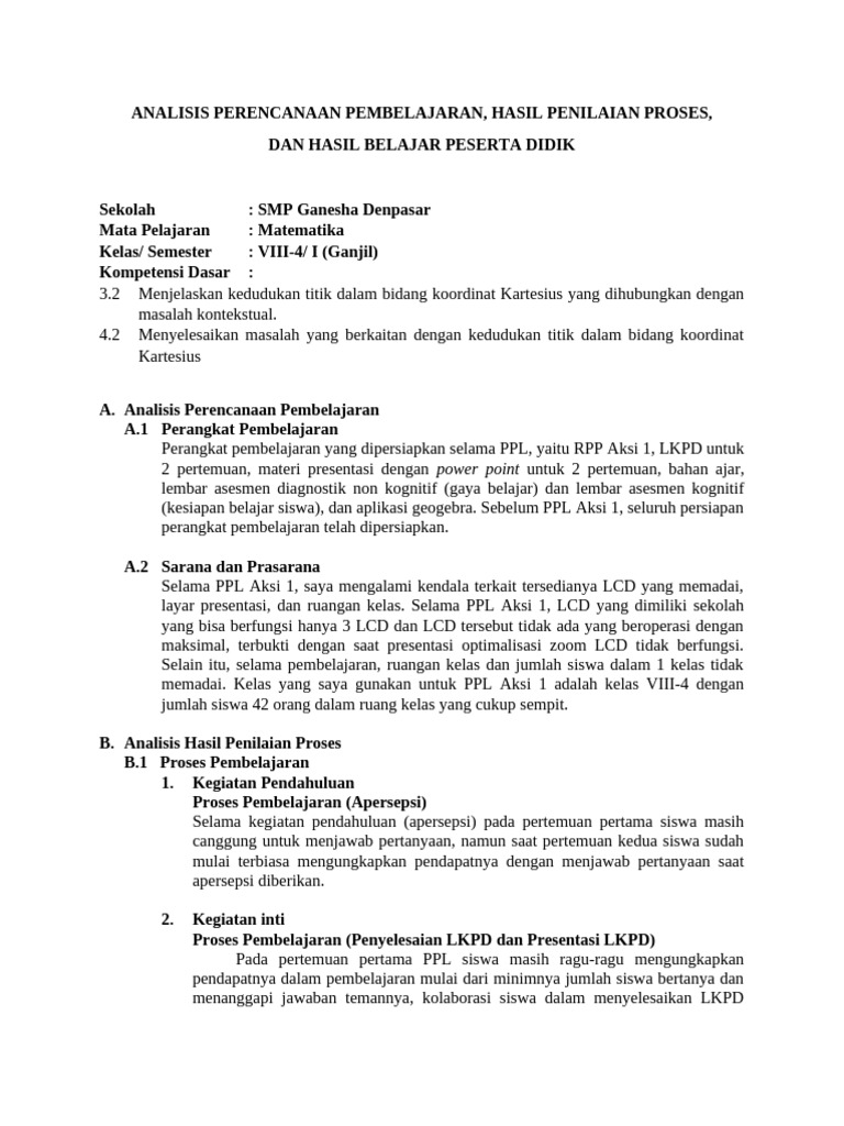 Analisis Hasil Proses Dan Hasil Belajar Peserta Didik Aksi 1 | PDF