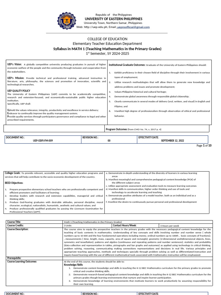 Math 1 Syllabus 2024 | PDF