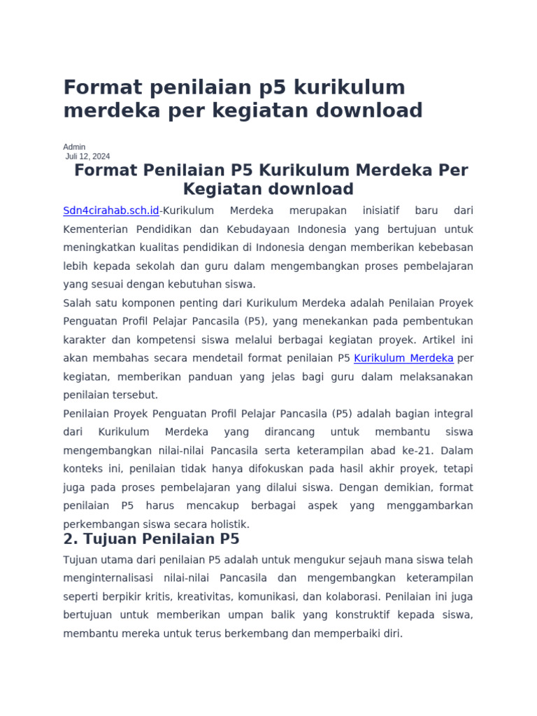 Format Penilaian p5 Kurikulum Merdeka Per Kegiatan Download | PDF