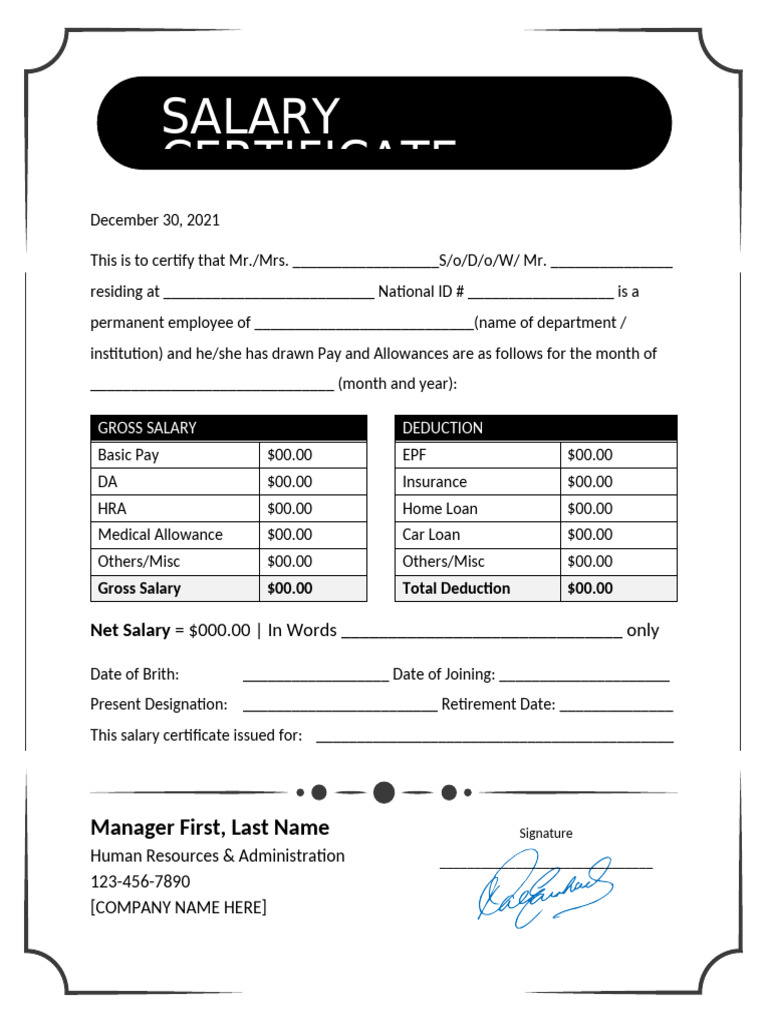 Salary Certificate Template With Gross and Deduction | PDF
