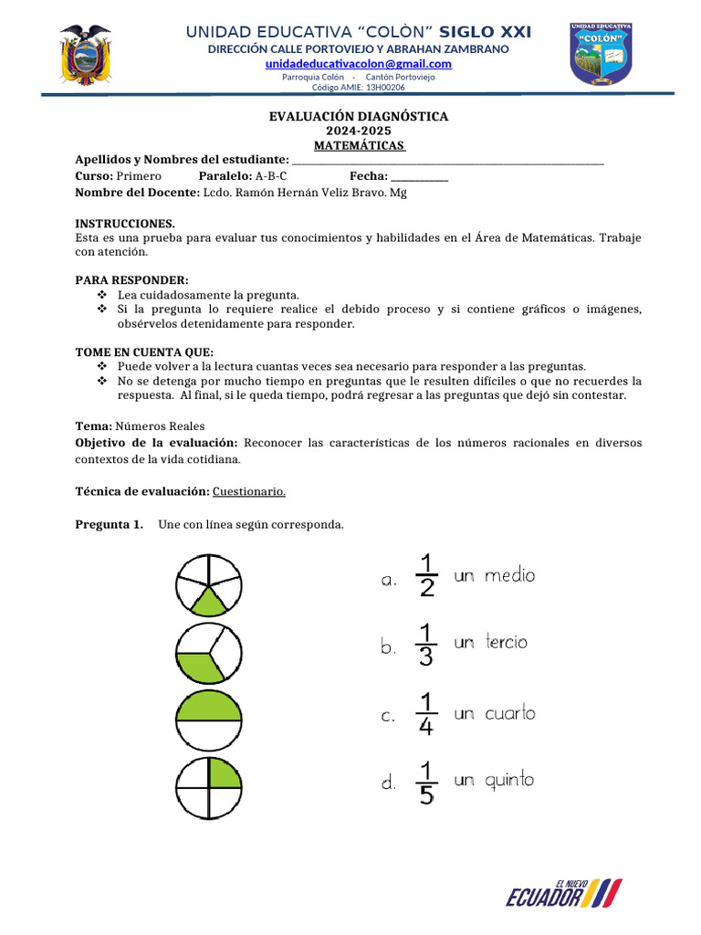 Prueba Diagnóstica 2024 - 2025 PRIMERO - NNE | PDF