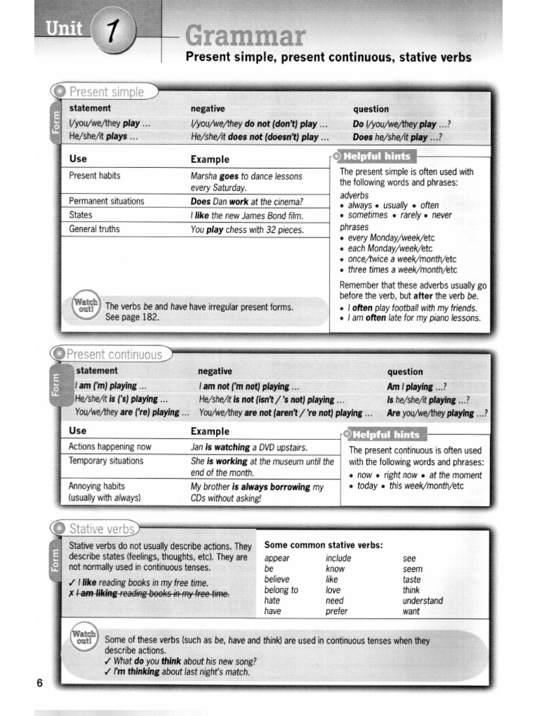 Unit 1 Present Simple and Continuous, Stative Verbs | PDF