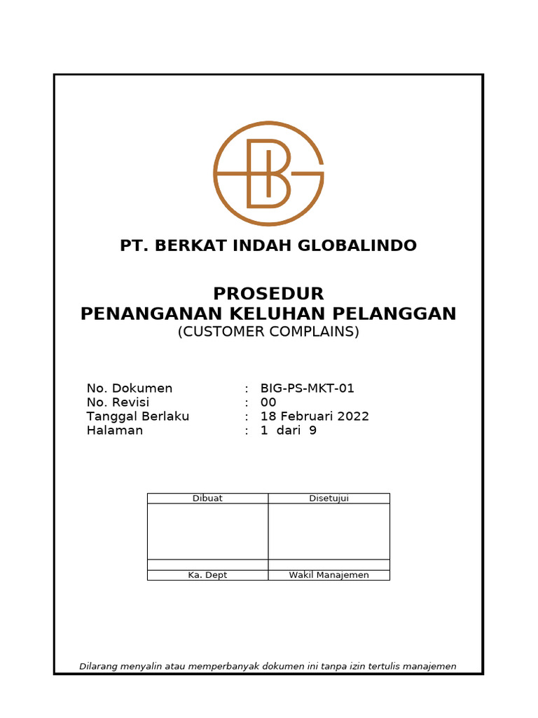 BIG-PS-MKT-01-00 Pro Penanganan Keluhan Pelangaan (BIG) | PDF