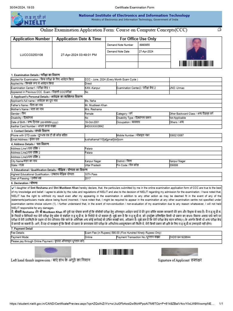 CCC Exam Application Form 2024 | PDF