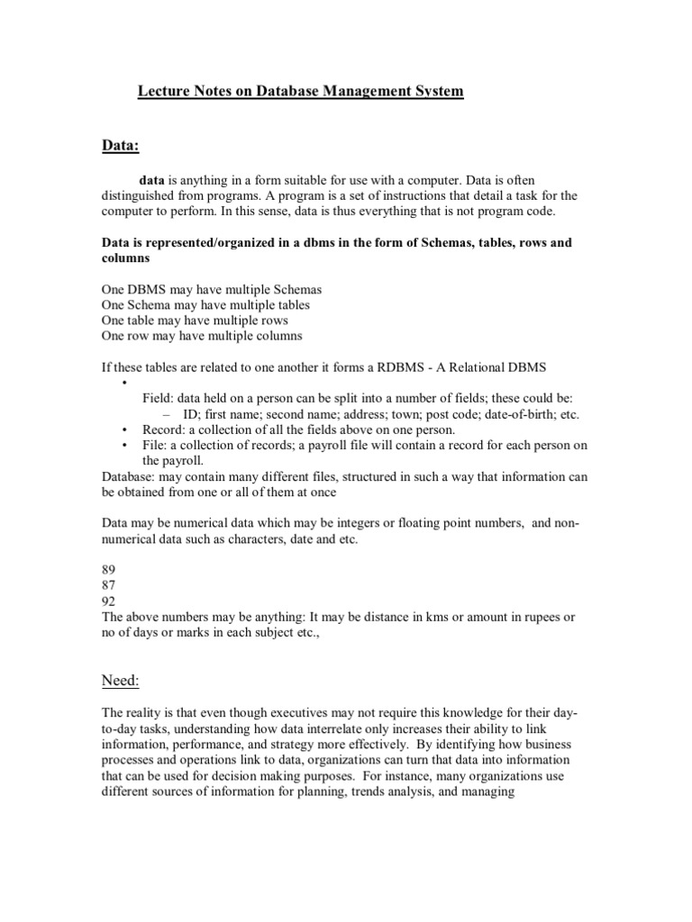Lecture Notes On Database Management System | PDF | Databases ... Lecture Notes On Database Management System | PDF | Databases ...