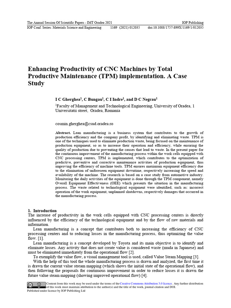 Enhancing Productivity of CNC Machines by Total Productive Maintenance (TPM) Implementation. A ...
