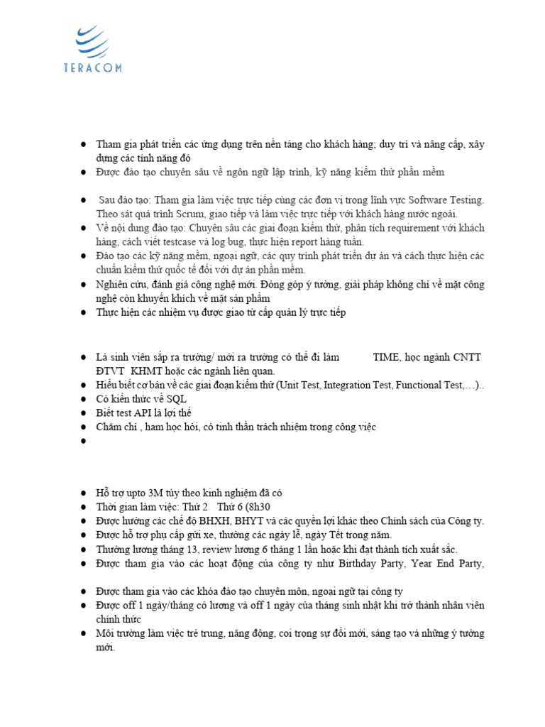 (TERACOM GLOBAL) JD Intern Tester VN | PDF