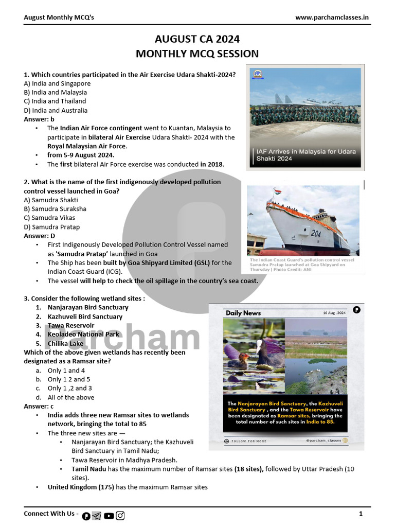 August 2024 Monthly MCQs Overview | PDF | Moon