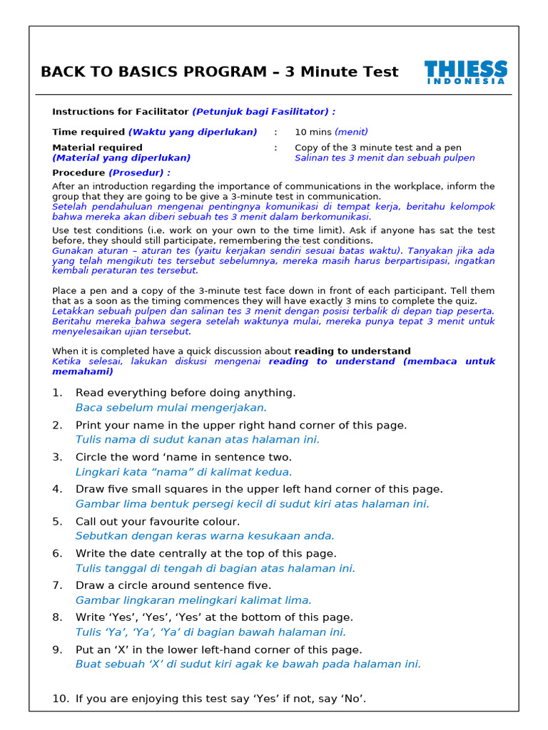 B2B - INSTRUCTIONS for 3 minute test - Intro | PDF
