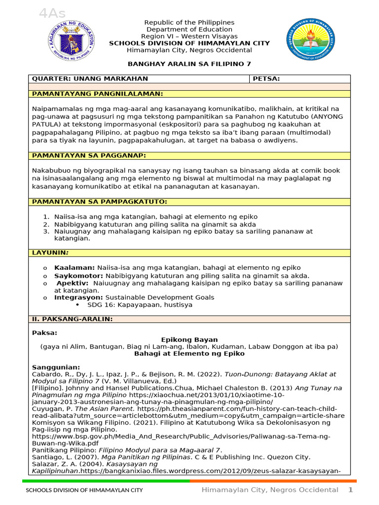 Filipino 7 COT (Bahagi at Elemento NG Epiko) | PDF