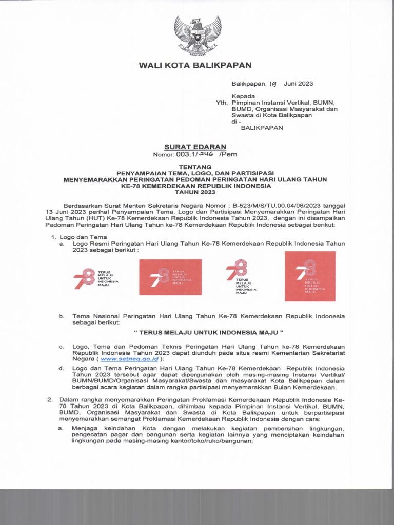 SRT Edaran Balikpapan TTG Logo HUT RI 78 | PDF