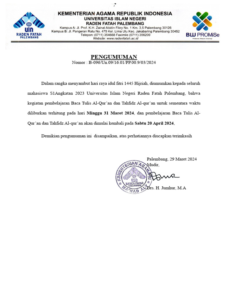 Pengumuman Libur Bta-1 | PDF