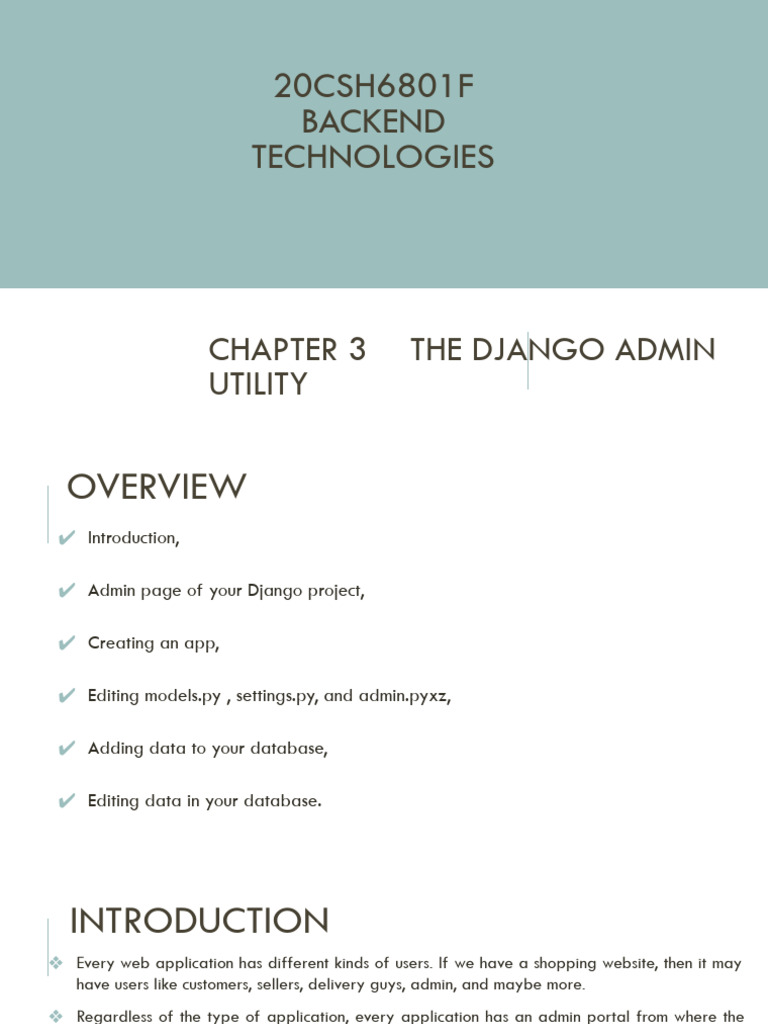 20CSH6801F Backend Technologies Unit I Chapter 3 The Django Admin Utility | PDF