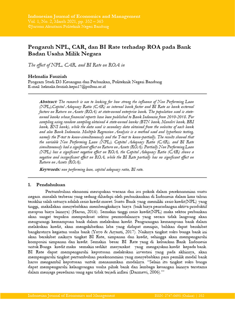 Pengaruh NPL, CAR, Dan BI Rate Terhadap ROA Pada Bank Badan Usaha Milik Negara | PDF