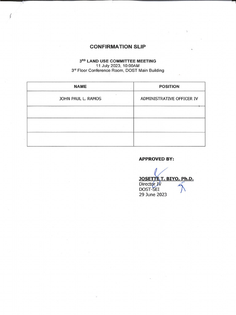 DOST-SEI Confirmation Slip 3rd LUC Meeting | PDF