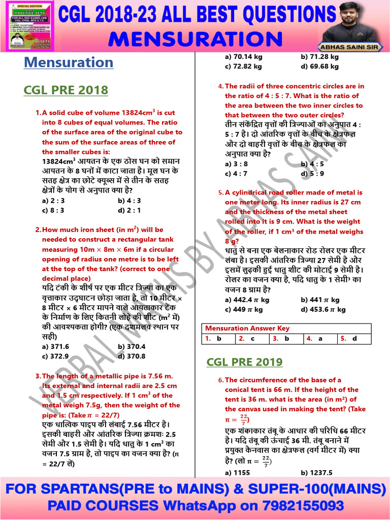 13 Mensuration CGL 2018-23 Best Question by Abhas Sir | PDF