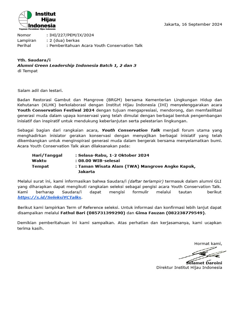 20240915 - 227 - Undangan dan TOR Youth Conservation Talk | PDF