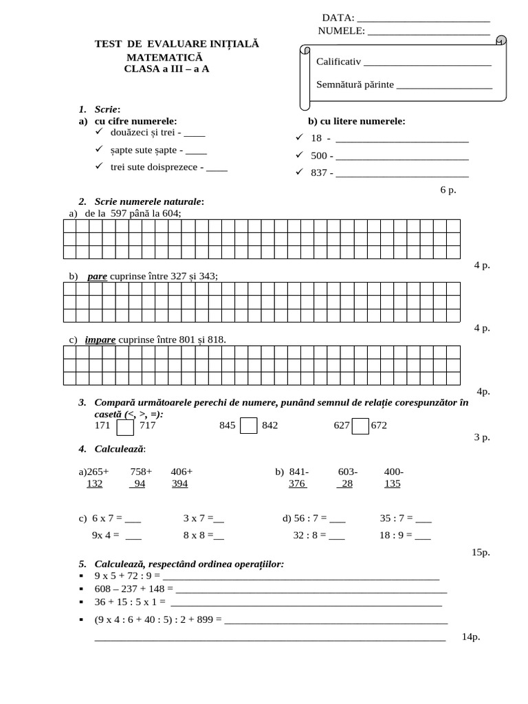 Evalure Initiala Matematica | PDF