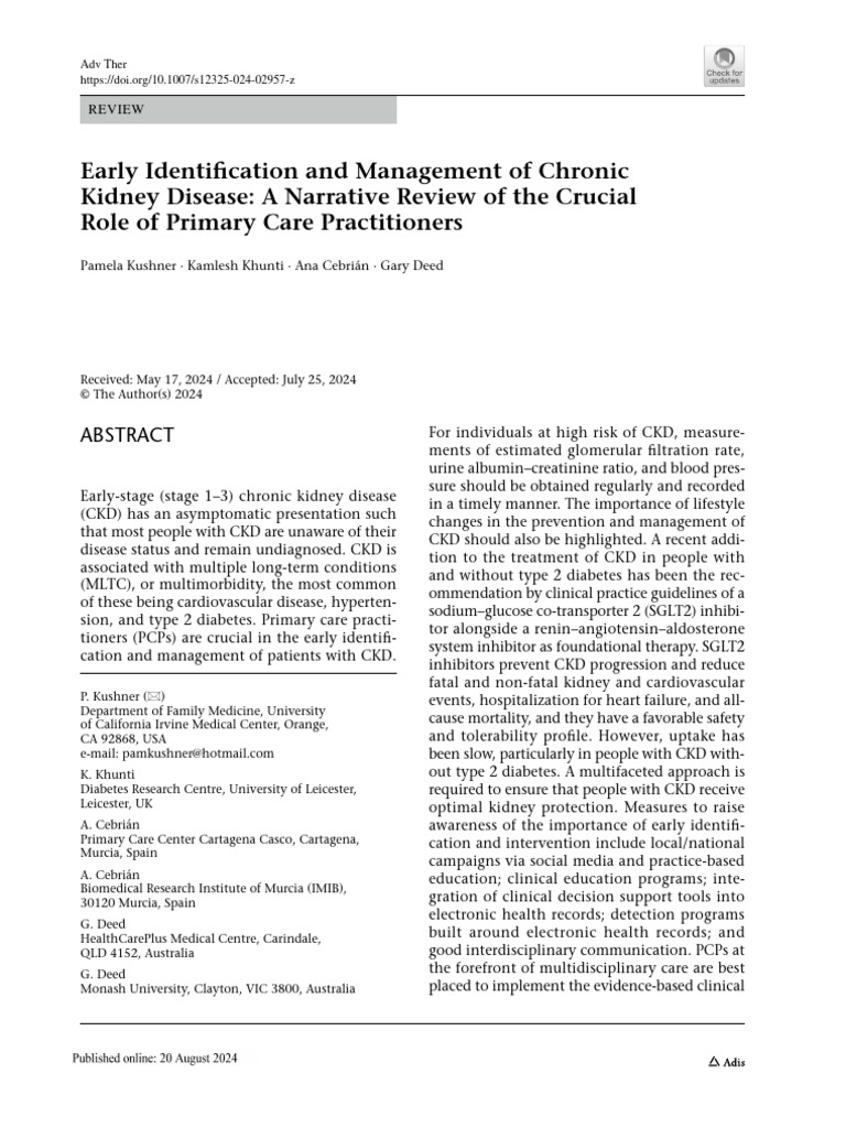 Early Identification and Management of Chronic Kidney Disease A Narrative Review of The Crucial ...
