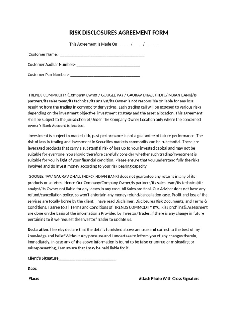 FINAL RISK DISCLOSURES AGREEMENT FORM GAURAV (HDFC & INDIAN BANK) | PDF