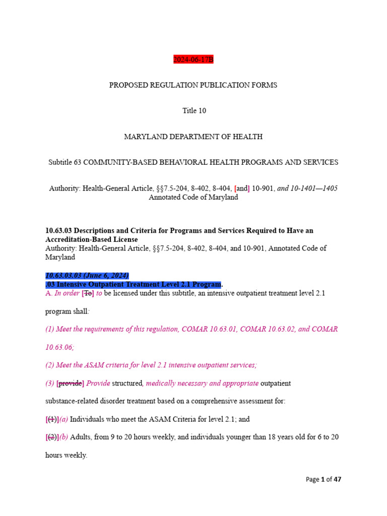 COMAR 10.63.03 Descriptions and Criteria For Programs and Services ...