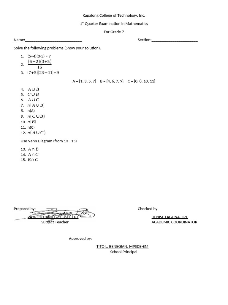 1st Math Exam | PDF