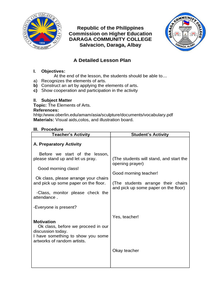 Lesson Plan In Arts Pdf