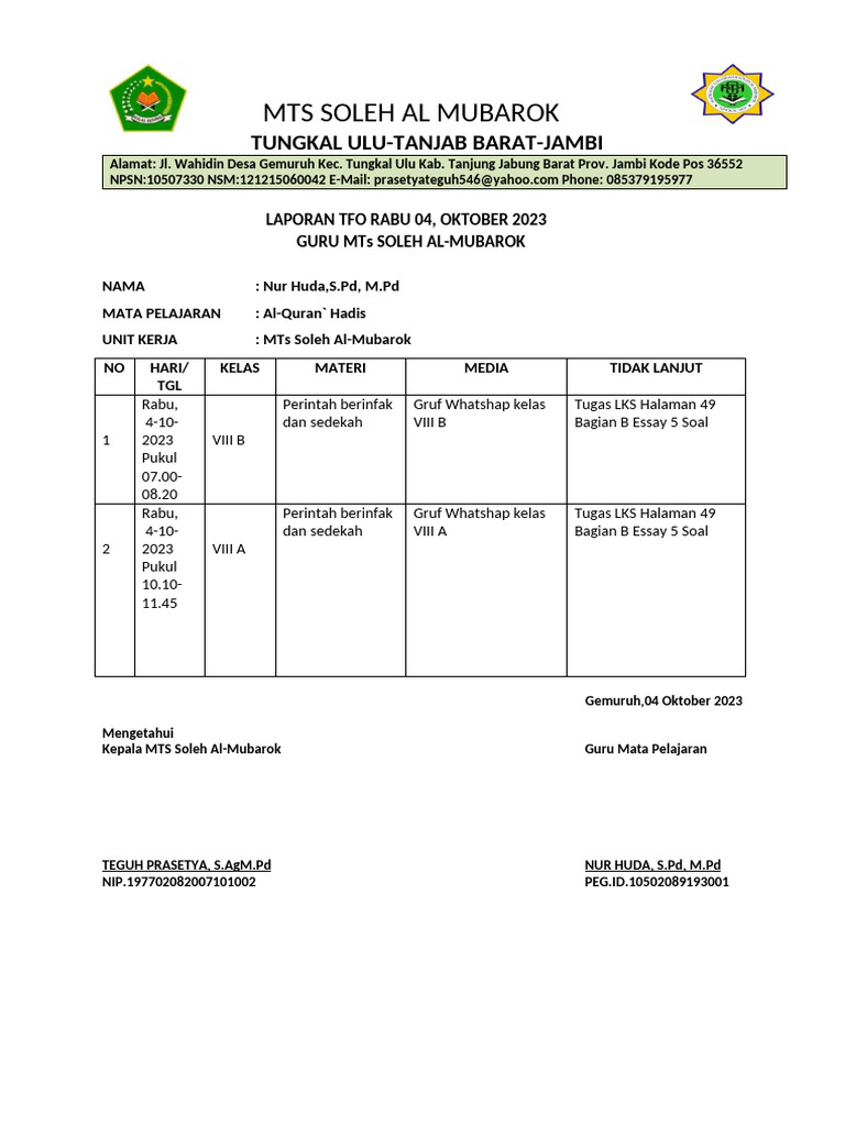 Laporan Tfo Rabu | PDF