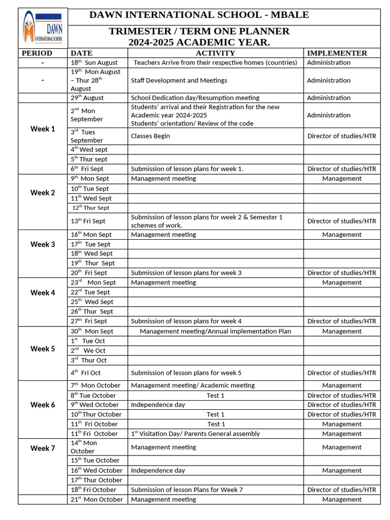 2024-2025 Term One Planner - Dawn International School | PDF | Military ...