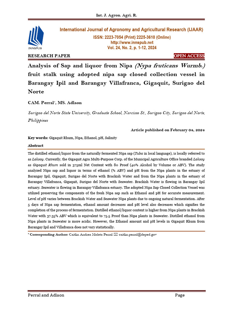 Analysis of Sap and Liquor From Nipa (Nypa Fruticans Wurmb.) Fruit ...