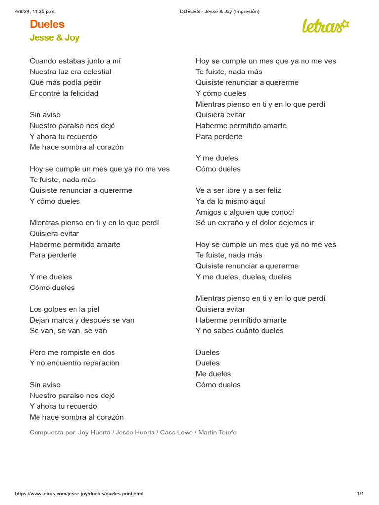 DUELES - Jesse & Joy (Impresión) | PDF