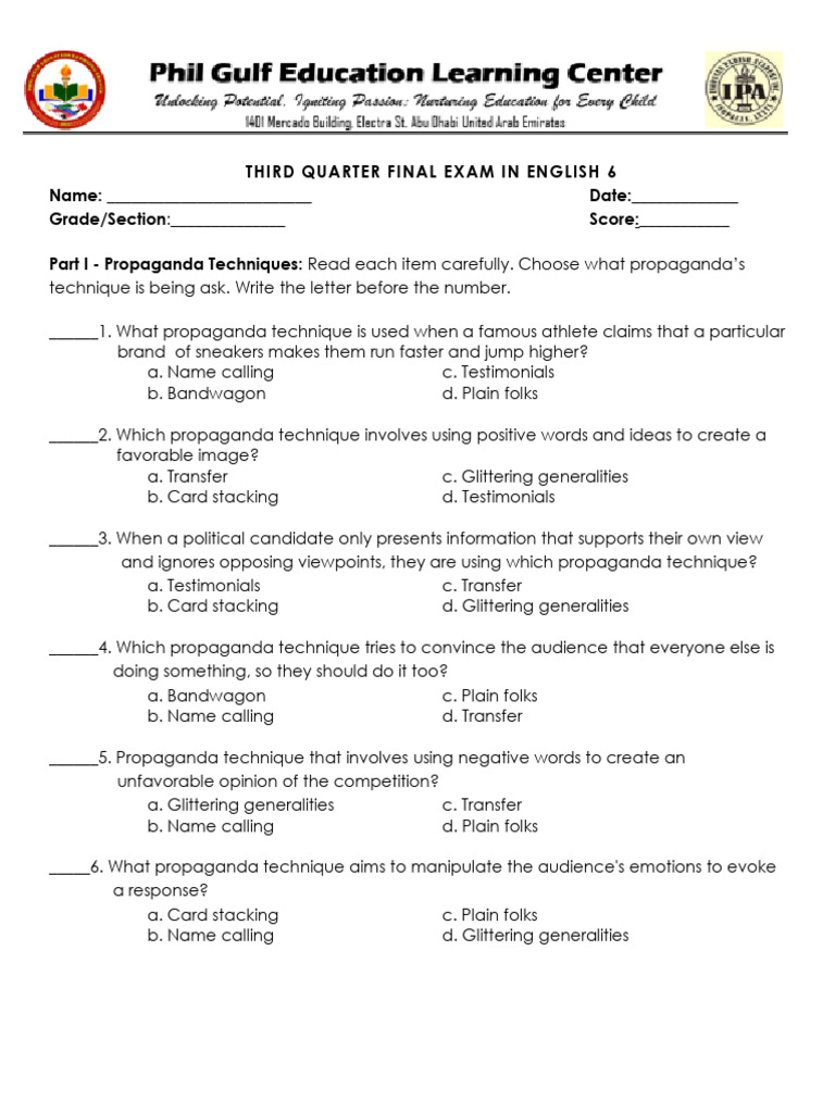 English 6 Quarter 3 Exam Review | PDF | Propaganda | Encyclopedias