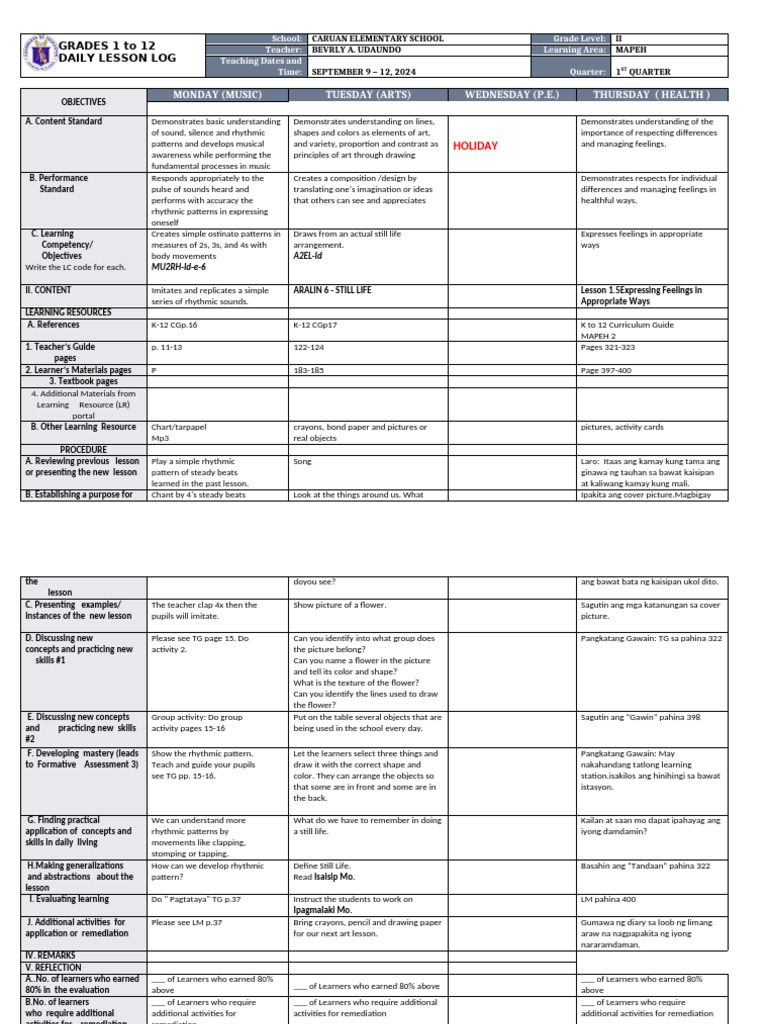 DLL - Mapeh 2 - Q1 - W6 | PDF