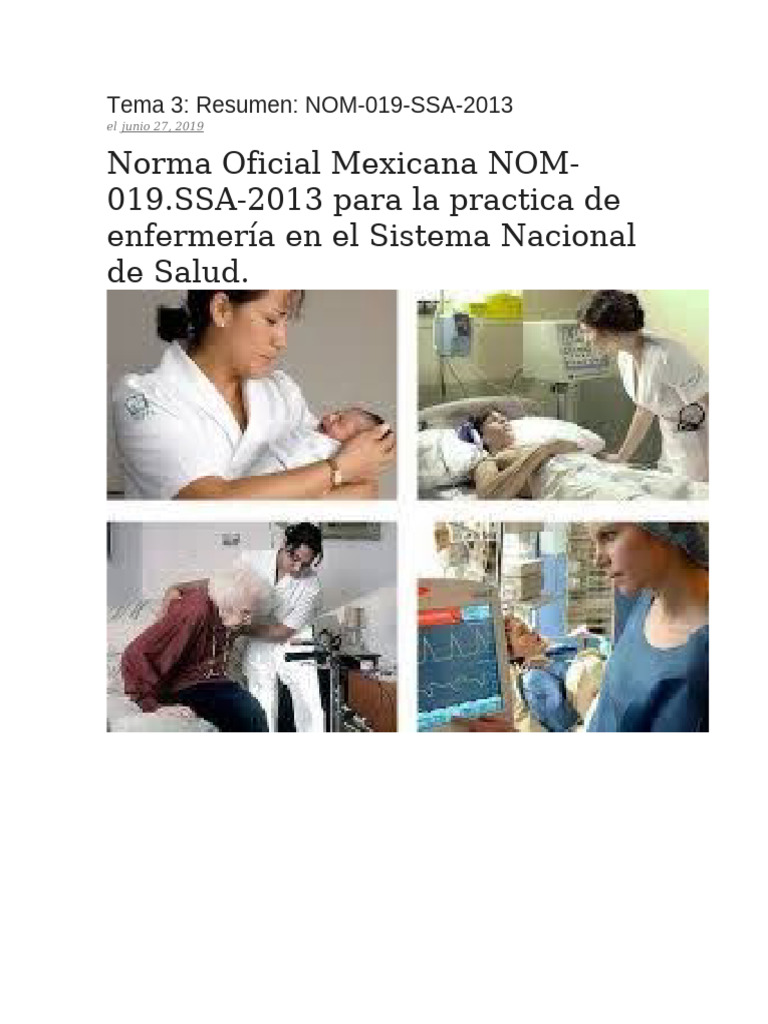 Norma Oficial Mexicana NOM-019.SSA-2013 para La Practica de Enfermería en El Sistema Nacional de ...