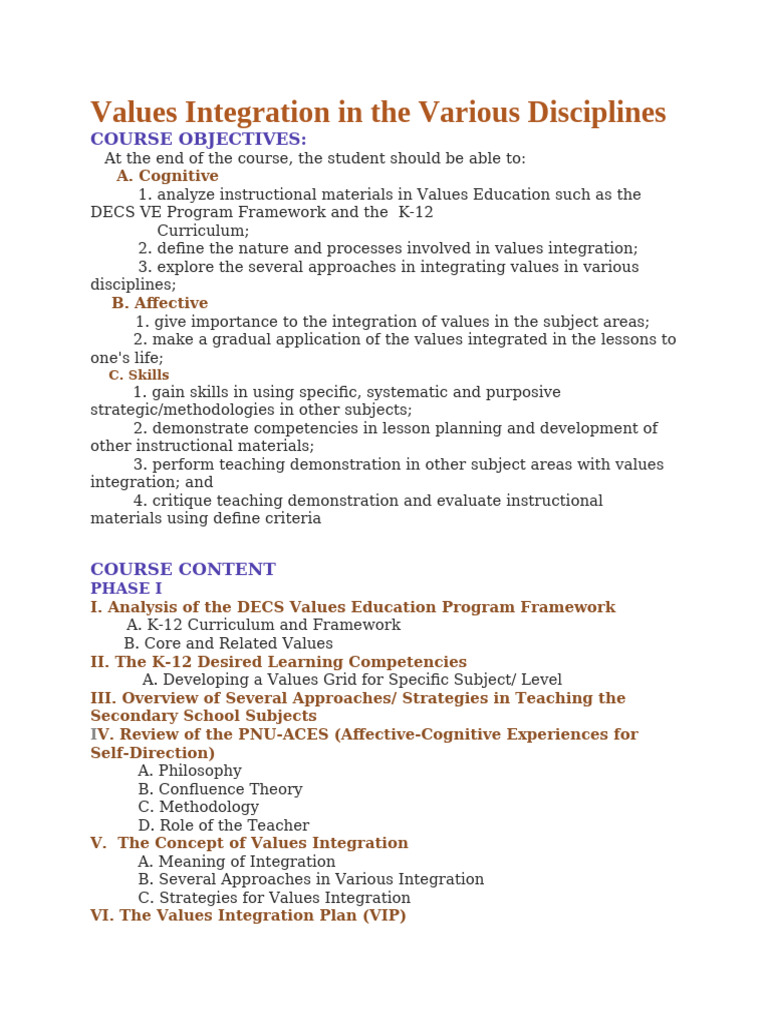 Values Integration in The Various Disciplines | PDF