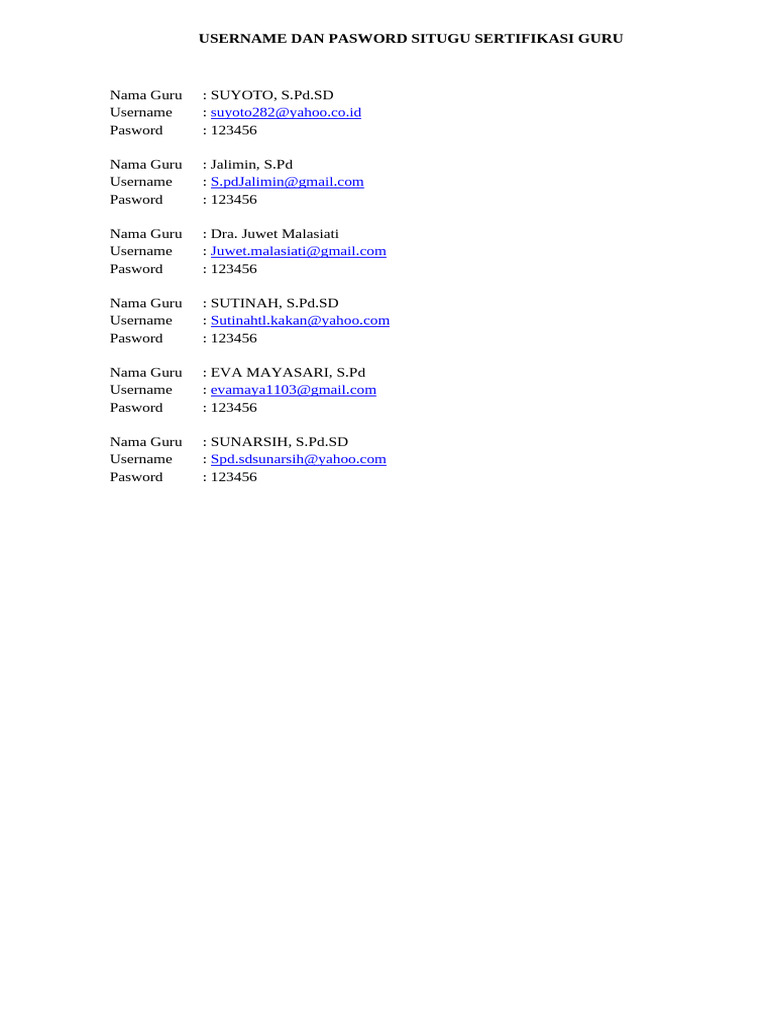 Username Dan Pasword Situgu Sertifikasi Guru | PDF