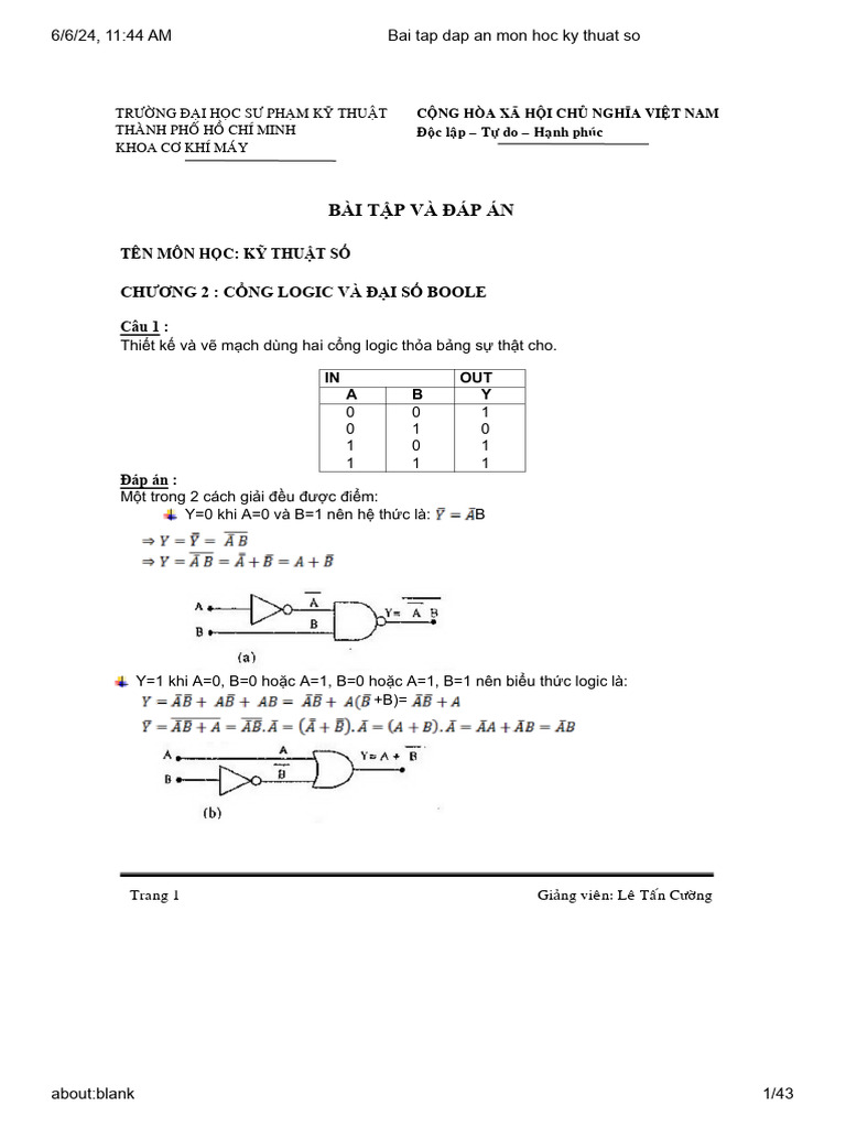 Bai Tap Dap An Mon Hoc Ky Thuat So | PDF
