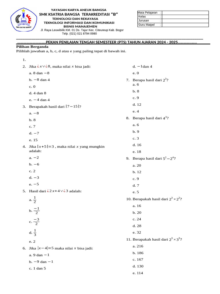SOAL PTS MATEMATIKA KELAS X SEM 1 Finish | PDF